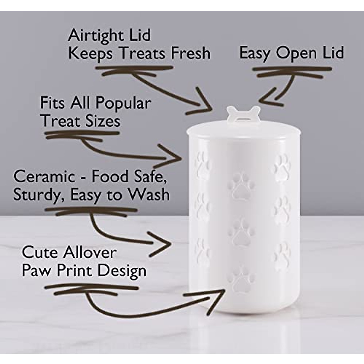 Dog Treat Container Airtight - 5" Round x 9" Tall Ceramic Dog Treat Jar with Lid - White Dog Treat Canister - Large Dog Cookie Jar for Dogs - Pet Treat Container Airtight - Dog Treat Jars for Pets