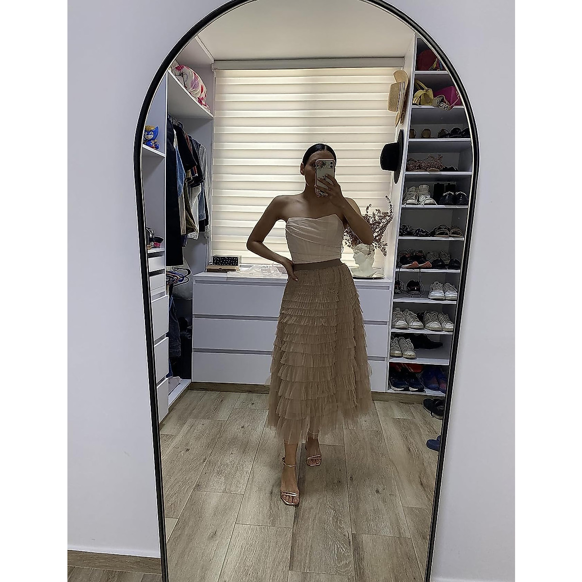 Perbai Womens Long Maxi Tiered Tulle Skirt High Waisted A Line Layered Mesh Tutu Skirts Petticoat(Champagne-M)