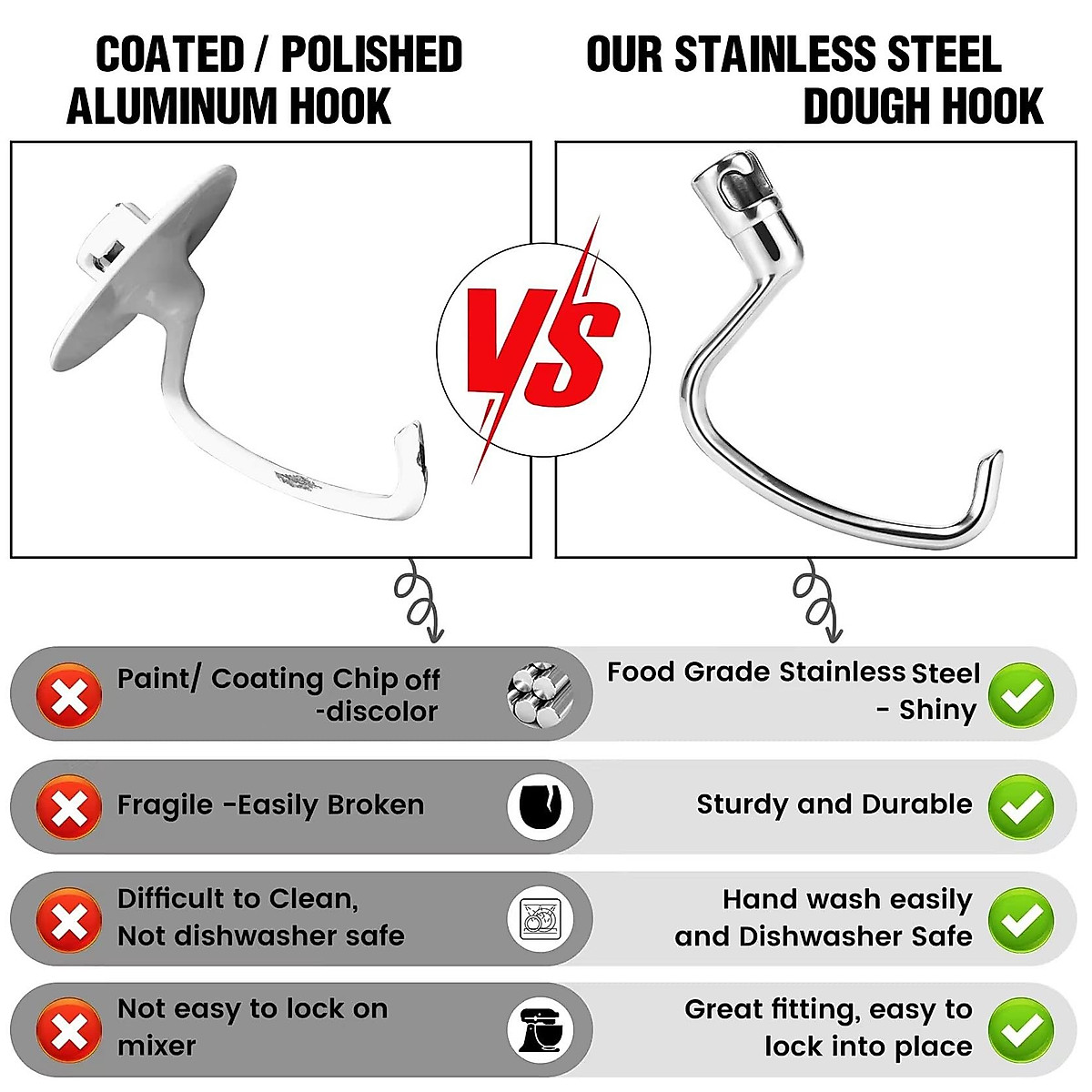 FavorKit Stainless Steel Dough Hook for KitchenAid Tilt-head & 4.5-5 Qt Mixers, Dishwasher Safe, Polished Metal Kneading Attachment Replacement