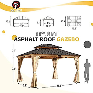 YOLENY 11' x 13' Solid Spruce Wood Gazebo, Hardtop Gazebo with Coated Wood Frame, Waterproof Asphalt Double Roof, Nettings and Curtains for Lawns, Gardens, Decks, and Patios