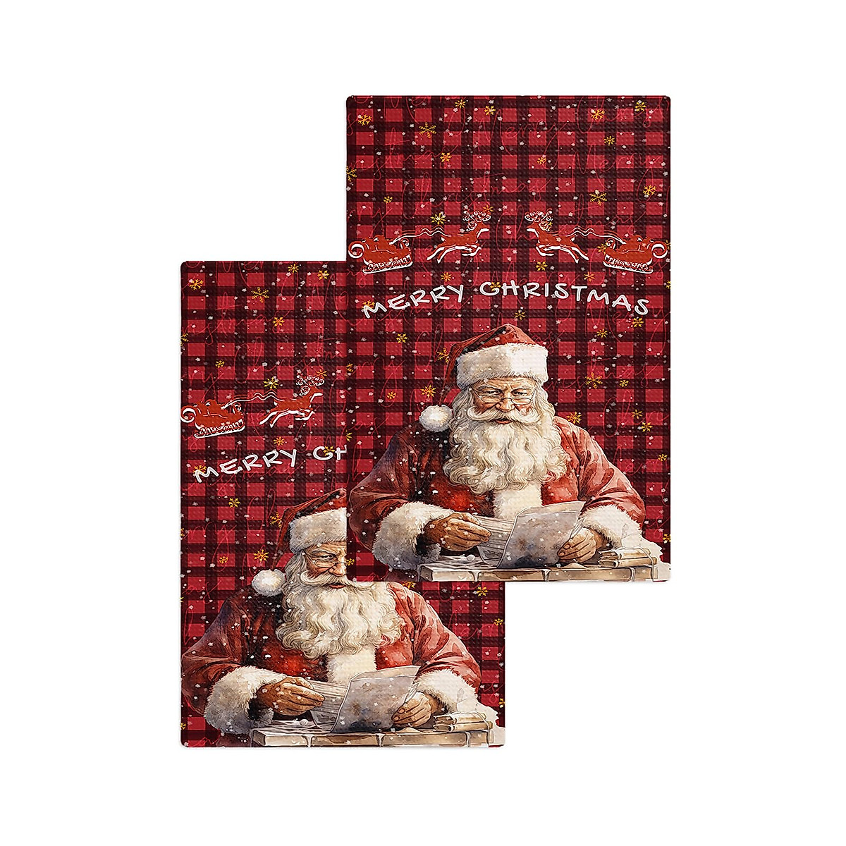 Onekaccu Watercolor Santa Claus Dish Towels Set, Waffle Weave Kitchen Towels Microfiber Towels Cleaning Christmas Elk Snowflake Red Soft Absorbent Dish Drying Towels Hand Towels 2 Pack 15.7x23.6 in