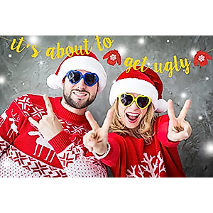It's About To Get Ugly Banner Gold Glitter - Christmas Ugly Sweater Party Decorations,Ugly Christmas Sweater Party Supplies, Grinch Christmas Decorations,Christmas Elf Party Decorations,Christmas Party Decorations(Pre-Assembled)