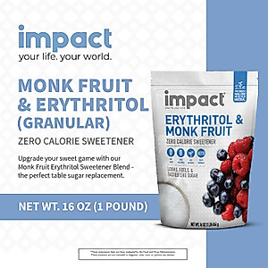 Impact White Monk Fruit & Erythritol Sweetener Blend - Gluten Free, Zero Calories, Net Carbs, Keto, Vegan, Non-GMO - 1 is to 1 Sugar Substitute - 1lb