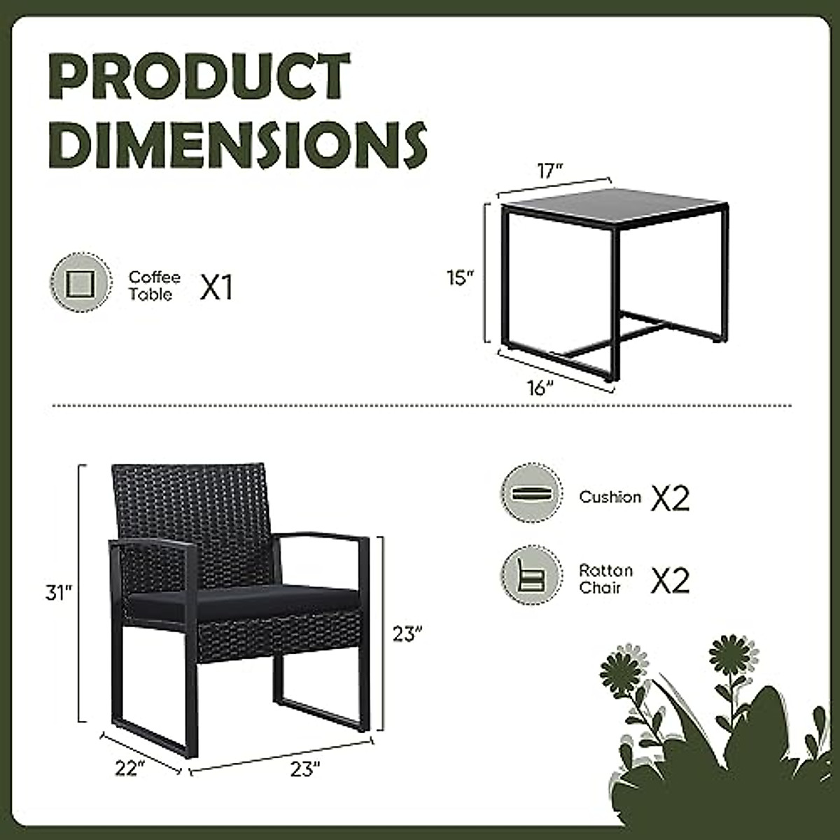Devoko 3 Piece Patio Outdoor Furniture Set Wicker Table and Chairs Set for Balcony Porch Bistro, Black