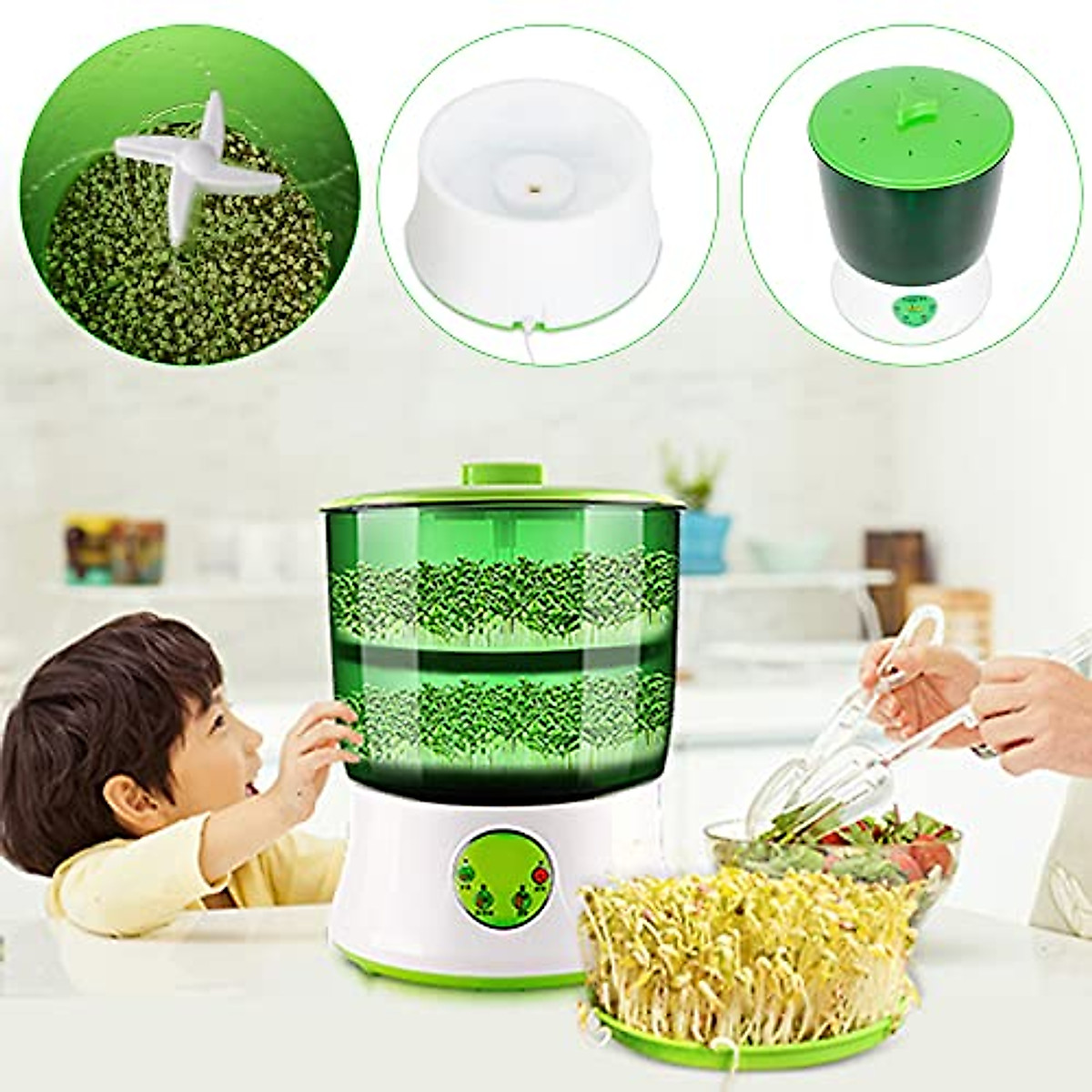 2-Layer Bean Sprouts Machine,110V 60Hz Automatic Intelligence Electronical Healthy Seed Sprouts Maker Function Large Capacity Seed Grow Homemade Also For Radish,Alfalfa,Wheatgrass,Broccoli Sprouts