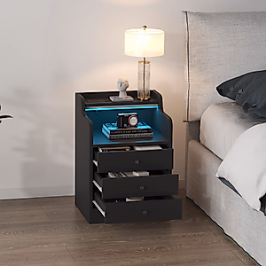Gdvsclr Nightstand with Charging Station, Nightstand with LED Lights, 3 Drawers Bedside Table for Bedroom/Dormitory, Led Nightstand with Open Storage Shelf, 3 USB Ports & 2 Outlets, Black