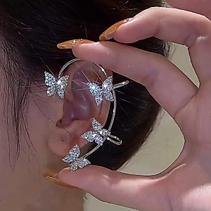 Asphire Glitter Rhinestone Butterfly Snowflake Ear Cuff 1 Pair Vintage Non-Piercing Fake Earrings Bridal Wedding Climber Ear Wrap Prom Ball Jewelry for Women(Butterfly)
