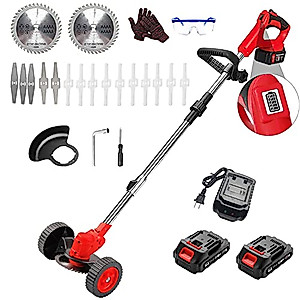 Weed Wacker Electric Cordless Grass Trimmer, 3-in-1 Lightweight Push Weed Eater & Edger Lawn Tool, 21V Brush Cutter Battery Powered, Lightweight Wheeled No String Trimmer for Garden&Yard