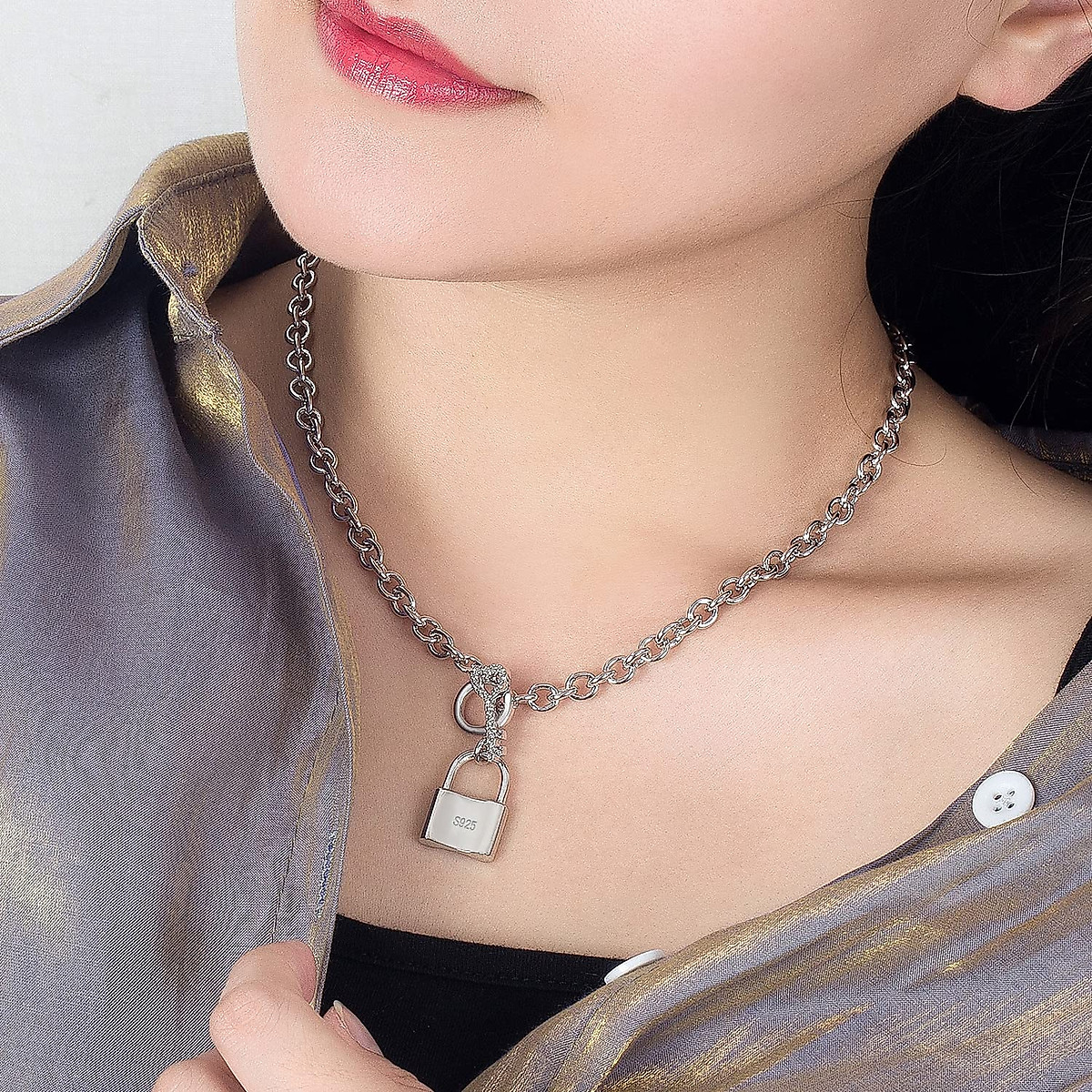 Dankadi Women 925 Sterling Silver Key Lock Pendant Necklace Fashion Solid Silver Rolo Chain Charm Choker Accessories Fine Jewelry Gift (18 inches)