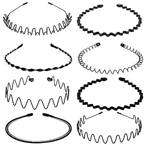 Ayesha 8 Pcs Metal Headbands for Men Curly Hair Bands Zig Zag Headbands Black Headbands for Face Washing Sport Workout Yoga
