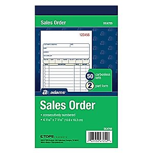 Adams Sales Order Book, 2-Part, Carbonless, White/Canary, 4-3/16 x 7-3/16 Inches, 50 Sets per Book (DC4705)