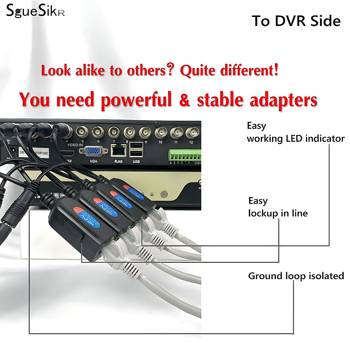 SGUESIKR 4 Pair BNC to RJ45 Passive Video Balun with Power, Cat5e/Cat6 to BNC Adapter, 1080P-8MP Analog Surveillance Camera Ethernet Cable Transceiver - Compact, Ground-Loop Isolated