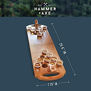 Hammer + Axe Mini Beer Pong Drinking Game, Portable Foldable Wood Tabletop Activity, Includes 25 Cups, 2 Balls, Carrying Bag, Tailgate College BBQ Party Game, College Dorm Gift, Alcohol Liquor Shots