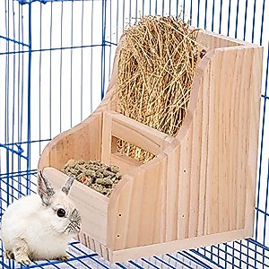 ZARYIEEO Rabbit Hay Feeder, Wooden Grass & Food 2 in 1 Double Use Dispenser, Wood Rack Manger Holder for Bunny Guinea Pig Chinchilla, Less Wasted Indoor Bowl Small Animal Pet-self Feeding Bin