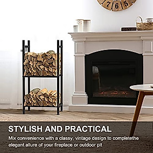 NANANARDOSO Firewood Rack Holder, Fire Wood Log Storage Stand with Kindling Holder for Indoor Fireplace, Outdoor Patio Fire Pit Stove, Fireplace Tools, Fire Wood Racks with 4 Hanging Hooks