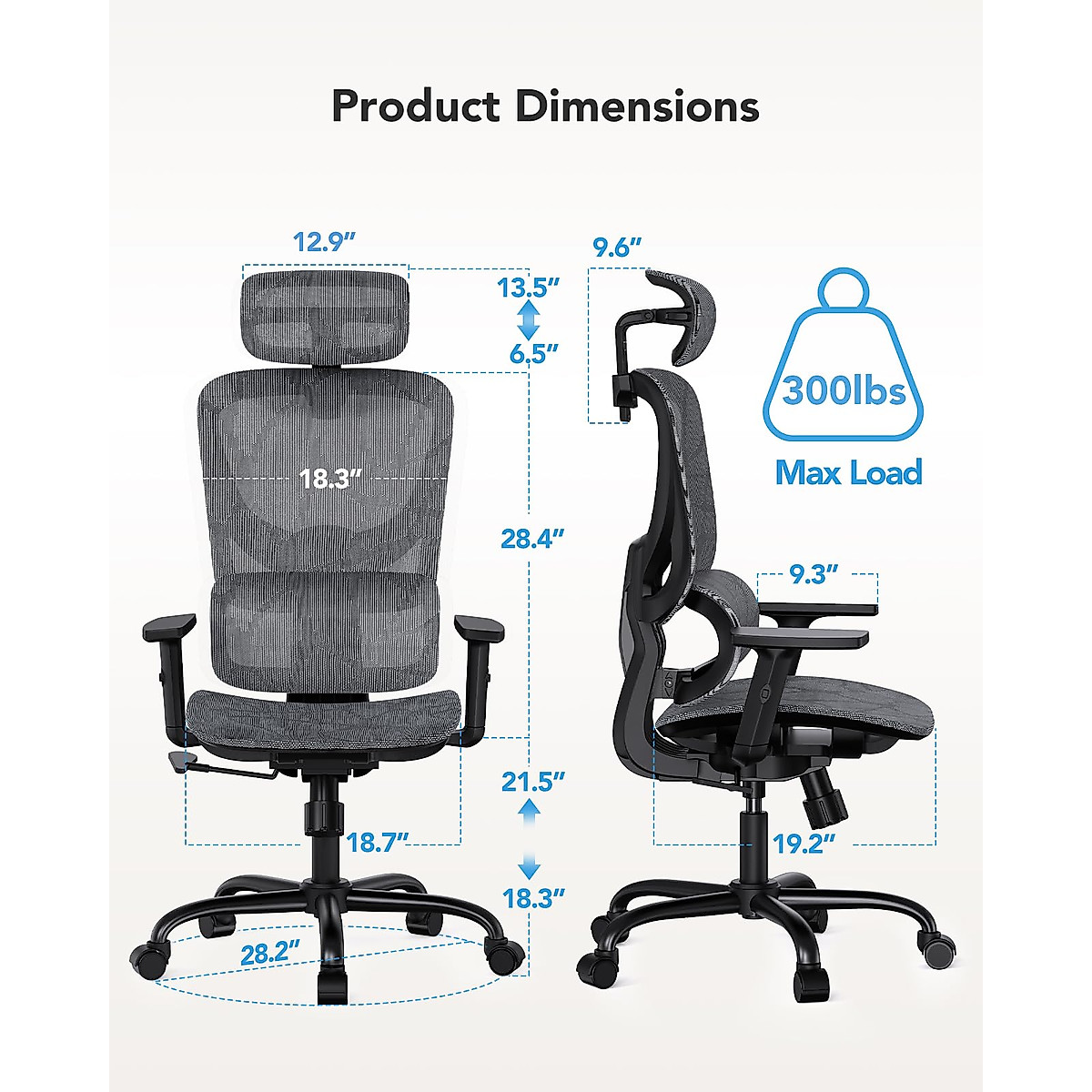 HUANUO Ergonomic Mesh Office Chair, High Back Desk Chair with 5-Level Lumbar Support, Adjustable Headrest, Armrests, Rocking Tilt, Computer Mesh Chair for Home Office Gaming