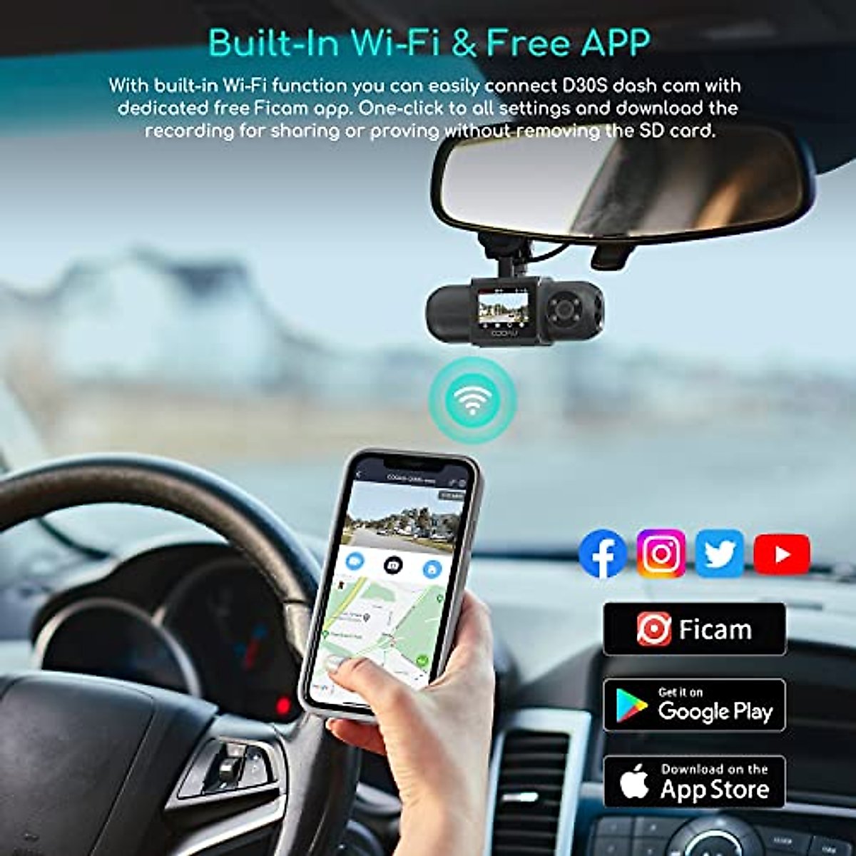 1440P QHD Built-in GPS Wi-Fi Dash Cam, Front and Inside Car Camera Recorder with Infrared Night Vision, Supercapacitor, 4 IR LEDs，G-Sensor, Parking Mode, Loop Recording (D30S)