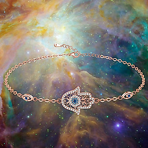 Hamsa Hand Evil Eye Bracelet for Women Rose Gold Sterling Silver Dainty Cute Crystal Round Blue Evil Eye Fatima Bracelets