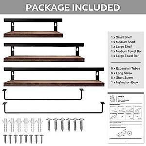 AOZITA 3 Set PRE-Assembled Floating Bathroom Shelves with 2 Towel Bars, Wall Mounted Storage Wood Shelf, Rustic Decor Accessories for Bathroom, Kitchen, Bedroom, Office, Over Toilet - Brown