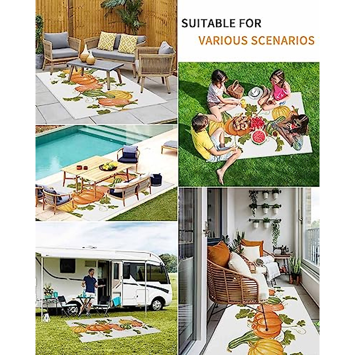 Outdoor Rug Carpet Indoor Area-Rug Thanksgiving Autumn Pumpkin Washable High Traffic Bedroom Kitchen Mat Backyard Patio Porch Rug, 4 X 6