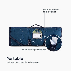 Wake In Cloud - Nap Mat with Pillow for Kids Toddler Boys Girls, Fit Preschool Daycare Sleeping Cot with Elastic Corner Straps, Rockets Stars Galaxy Space Planet on Navy Blue, 100% Soft Microfiber