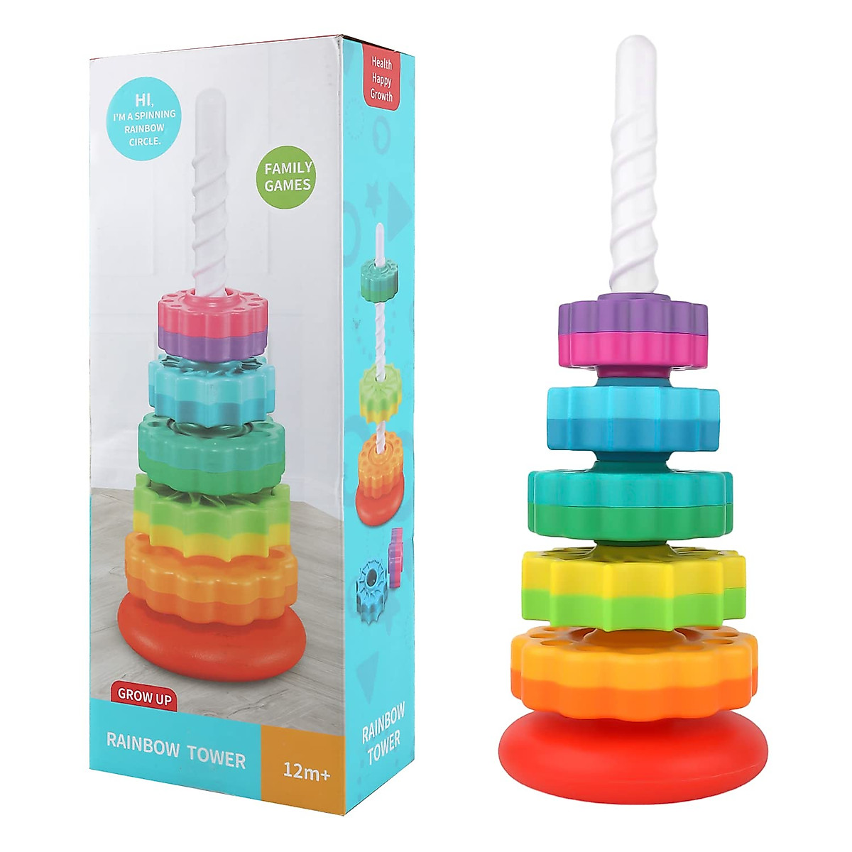 Spinning Stacking Toys, Rainbow Tower Stacker Interesting Rainbow Spinning Wheel Toy BPA Free Early Education Kids Brain Development Toys Family Games for 12 Months +, Develop Cognition Ability
