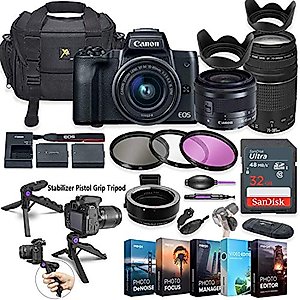 Canon EOS M50 Mirrorless Digital Camera with 15-45mm Lens (Black) + Canon EF 75-300mm f/4-5.6 III Lens + 5 Photo/Video Editing Software Package & Accessory Kit (Renewed)