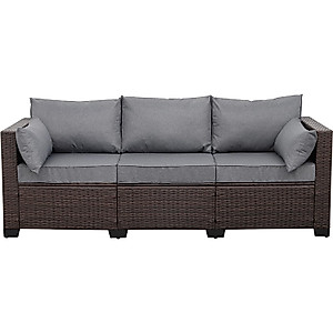 WAROOM Patio Couch PE Wicker Outdoor 3-Seat Sofa Brown Rattan Furniture Set Deep Seating with Anti-Slip Grey Cushion