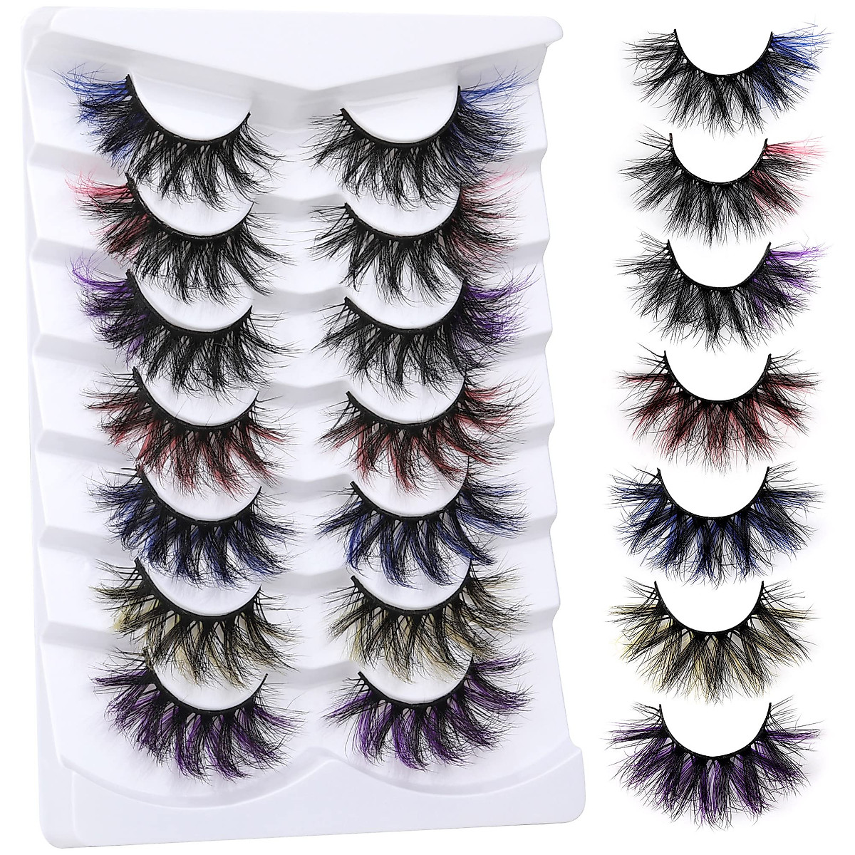 Colored Lashes Colorful Eyelashes Fluffy Mink Lashes with Color End 5D Full Lashes Strip Pink Dramatic Color Lashes Pack False Eyelashes 7 Pairs by Goddvenus
