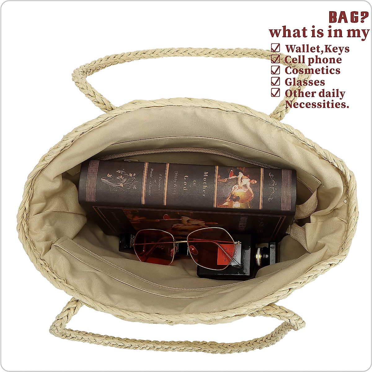 So'each Women's Handbag Wicker Woven Rattan Straw Tote Bag Basket Shoulder Bag Beige