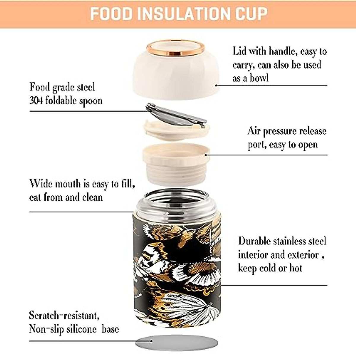 CUPADA Leopard Butterfly Food Jar for Hot and Cold, Skin Pattern Insulated Food Jars Vacuum 17OZ with Folding Spoon for Work Trip Picnic Camping