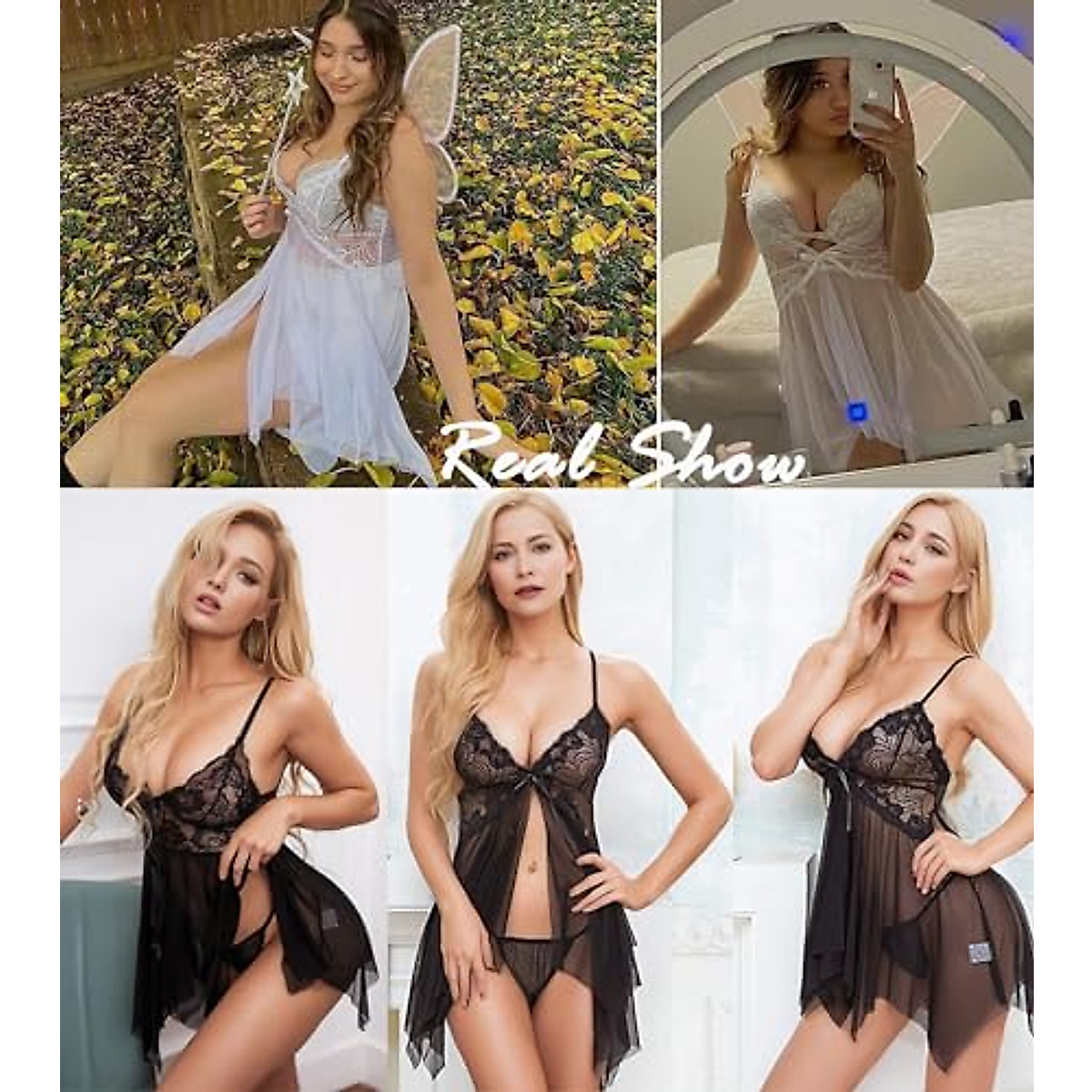 KEMIYA Lingerie for Women Lace Babydoll Sleepwear Boudoir Outfits V Neck Sleepwear Strap Chemise Black X-Large