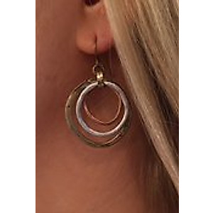 Handmade Sunrise Tricolor Dangle Earrings - Burnished Circles, Copper, Brass and Silverplated