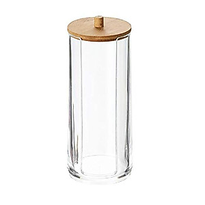 1 PK Transparent Acrylic makeup Pad Holder with Wood Lid Makeup Pads Dispenser Container Holder Apothecary Jars Bathroom Clear Plastic Bottle Rounds Organizer Storage Display Rack Cosmetic Pad