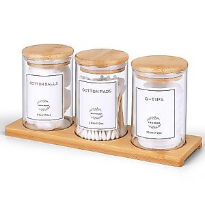 3 Pack Glass Qtip Holder for Bathroom with Bamboo Lids and Tray, 12oz Bathroom Organizers and Storage Accessories Home Decor, Apothecary Jars Qtip Dispenser for Cotton Swab, Cotton Ball and Floss