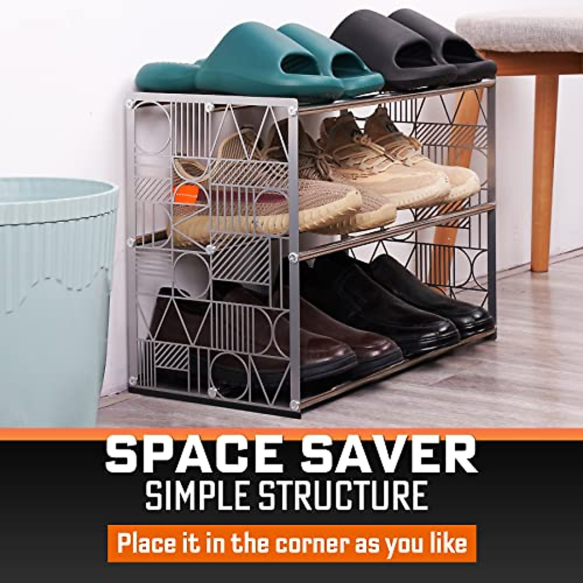 NiHome Silver 3-Tier Shoe Rack - Geometric Patterned Multi-Layered Organizer for Small Spaces with 6 Pair Storage Capacity, Ideal for Closets, Hallways, Entryways, Living Rooms and Bedrooms