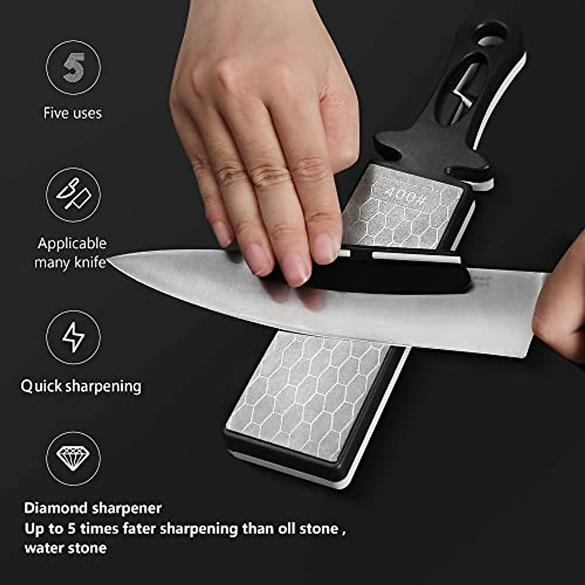 BNELL 5-In-1 Diamond Knife Sharpening Stone, Rod Double-Sided Sharpening Stone Honeycomb Surface Outdoor Kitchen Grinding Tool with Angle Guide(400/1000Girt)