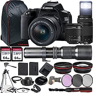 Canon EOS 250D (Rebel SL3) DSLR Camera w/18-55mm F/3.5-5.6 Zoom Lens + EF 75-300mm f/4-5.6 III Lens + 500mm f/8 Focus Lens + 2X 64GB Memory + Case + Filters + Tripod + More (35pc Bundle)