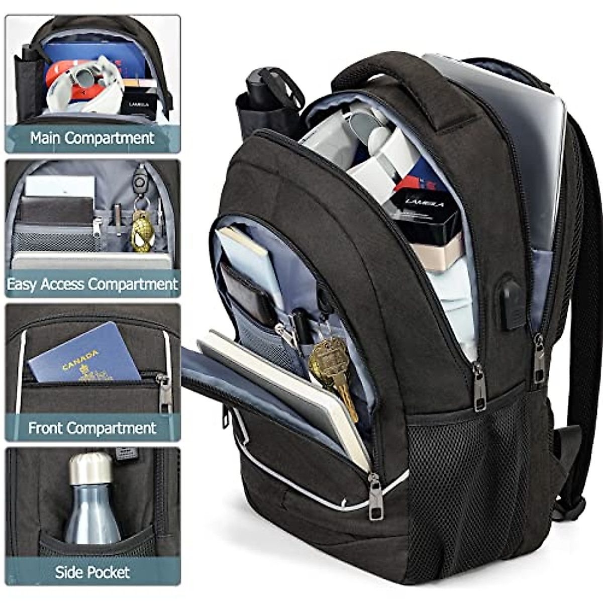 Travel Laptop Backpack for Men and Women, School Backpack for College Teen Boys and Girls, Student Bookbag 17 inch Laptop Compartment with USB Charging Port and Anti theft Poket, Black