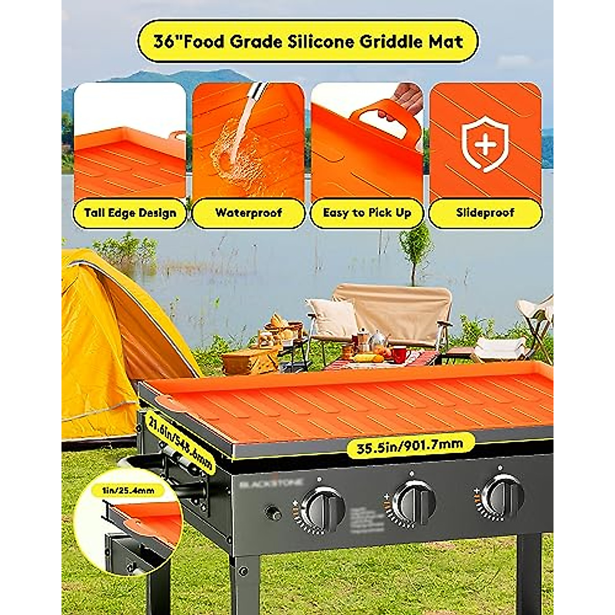 CLLIS 36 inch Griddle Mat for Blackstone, Blackstone Griddle Cover with Handle, Food Grade Silicone Mat Flat Top Grill Accessories, 36" Protective Mat Protect Griddle from Dirt & Rust for Outdoor BBQ
