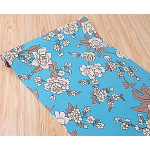 Blue Floral Decorative Adhesive Paper Shelf Liner Peel and Stick Wallpaper for Kitchen Cabinets Drawers Countertops 17.7inch by 100inch (Blue)