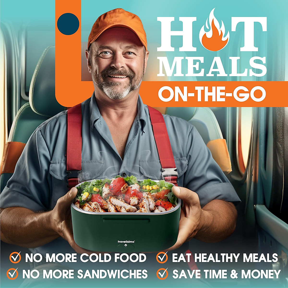 TRAVELISIMO Electric Lunch Box for Adults, 80W Heated Lunch Box 1.5L Stainless Steel Heated Lunchbox For Adults, 12/24/110V Self Heating Lunch Box for Car Truck Work, Lonchera Eléctrica Portátil