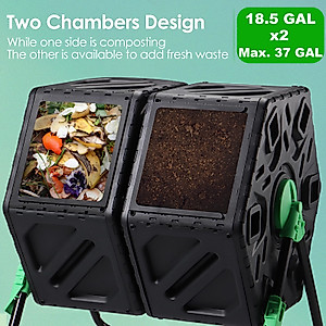 Compost Tumbler Dual Chamber, Rotating Composter Tumblers, 2x18.5 Gallon Composting Bin Outdoor, Waste Food Reuse, Heavy Duty for Garden Patio Easy Turning