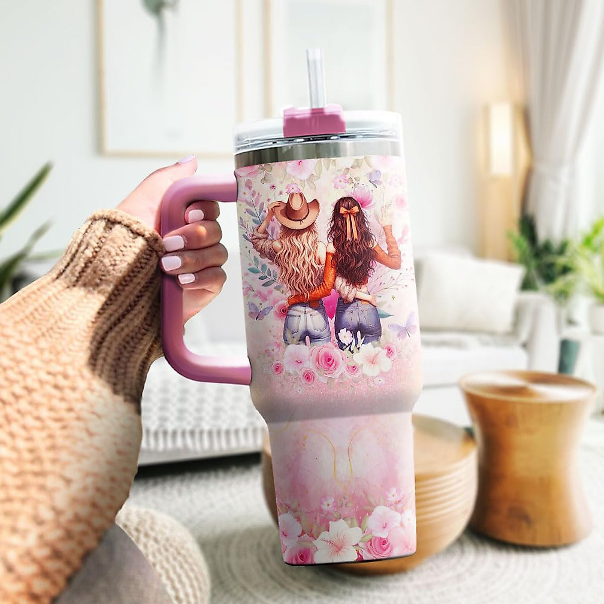 99OWL Tumbler 40 Oz With Handle Lid And Straw, Bestie No Matter Floral, Coffee From For Modern Handle Cups Women Funny Simple Butterfly Stainless Tumblers Rose