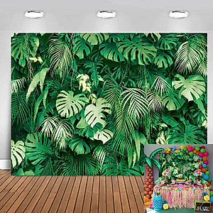 MAQTT 72X60in Jungle Safari Plants Photo Background for Hawaiian Luau Party Green Tropical Palm Leaves Picture Photography Backdrop Birthday Party Baby Shower Supplies Banner…