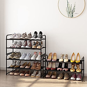 Simple Trending 2 Pack 2-Tier Stackable Shoe Rack, Expandable & Adjustable Fabric Shoe Shelf Storage Organizer, Black