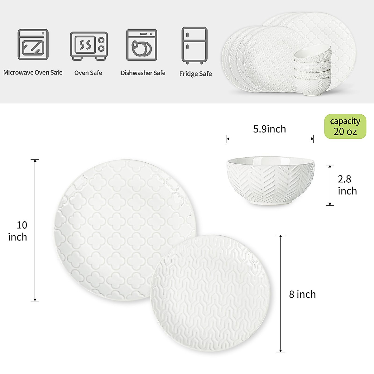 Sureasy Dinnerware Sets 12 Pieces, Ceramic Plates and Bowls Sets, Service for 4, with 10'' Dinner Plates, 8.5'' Salad Plates and 5.9'' Cereal Bowls, Dishes Set Dishwasher & Microwave Safe, White