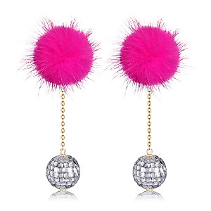 Hot Pink Earrings Disco Ball Earring for Women Pom Pom Dangle Earrings Reflective Mirrorball Earrings 70s 80s Disco Dance Party Costume Accessories Cowgirl Country Concert Outfits Halloween New Year