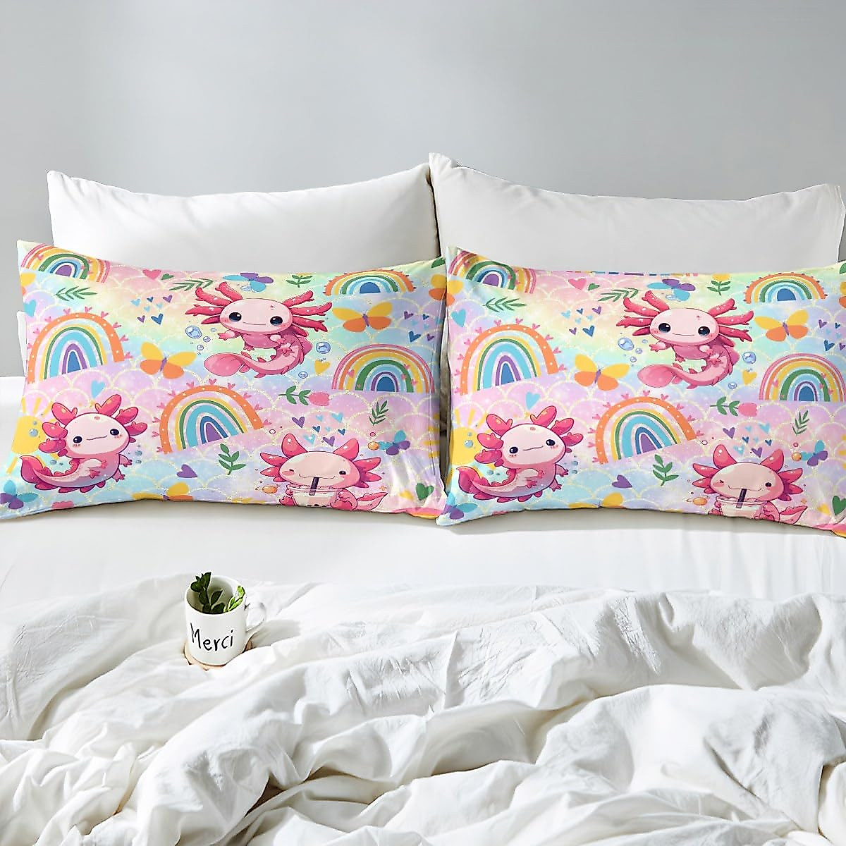 Feelyou Cute Axolotl Comforter Cover Set Cartoon Salamander Duvet Cover for Kids Boys Girls Rainbow and Butterflies Bedding Set Ombre Bedspread Cover Bedroom Collection 3Pcs Full Size