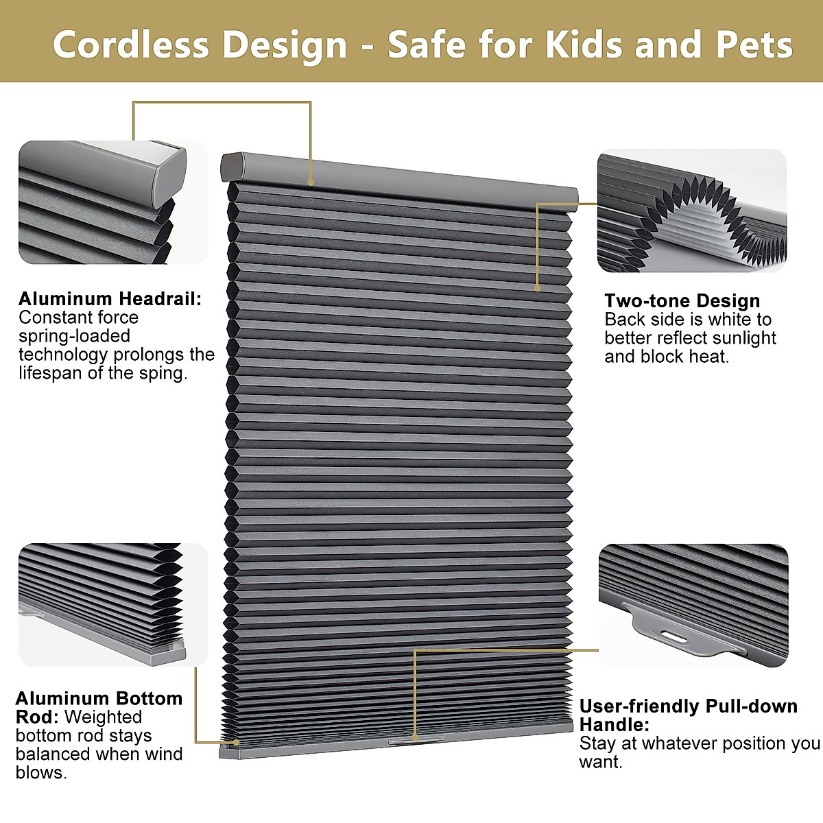 Xidamen Custom Cellular Shades Cordless Window Blinds for Home, Blackout Honeycomb Blinds, Accordion Blinds for Doors, Upgraded, Better Thermal Insulation (Dark Grey)